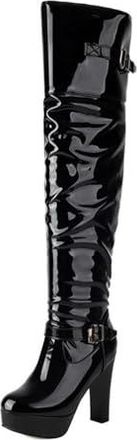 Generic Noir,38 EU,Bottes Cuissardes à Bout Rond pour Femmes, Plateforme, Talon épais, Cuissardes avec Boucle de Ceinture, Chaussures habillées pour lautomne 