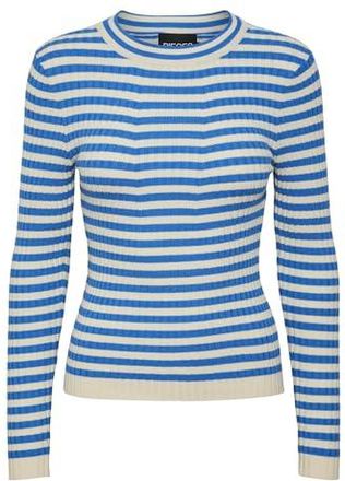 Pieces Pccrista Ls O-cou Knit Noos Bc Femme Sweater, Bleu Français/Rayures : Birch, L