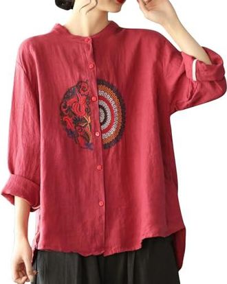 Generic Chemisier Femmes Coton Et Lin Grande Taille D&eacute;contract&eacute;es Chemises D&eacute;t&eacute; &Agrave; Manches Longues Col V Ample Hauts Leger Comfy Tuniques &Agrave; La Mode Coton Lin C