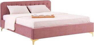 IDIMEX Lit double capitonn&eacute; 140x190 cm - Rev&ecirc;tement velours rose - Sommier &agrave; lattes inclus - Pieds en m&eacute;tal dor&eacute;