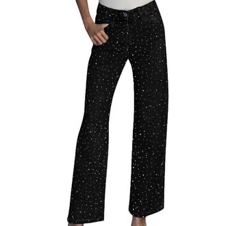 Generic Jean taille haute avec strass scintillants pour femme - Pantalon baggy droit et large - Diamant brillant - Style d&eacute;contract&eacute; - Pantalon en jean &agrave; pail