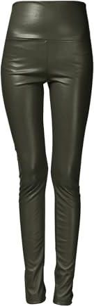 Generic Legging en cuir synth&eacute;tique pour femme - Legging doubl&eacute; aspect cuir - Pantalon de yoga taille haute - Pantalon extensible confortable - Pantalon verni