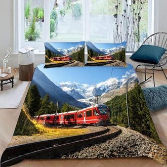 Generic Housse de Couette 220x240 Train Rouge Imprim&eacute;e 3D Montagnes et Arbres Enneig&eacute;s Parure de Lit 2 Personnes Doux Microfibre Literie avec 2 Taies Doreille