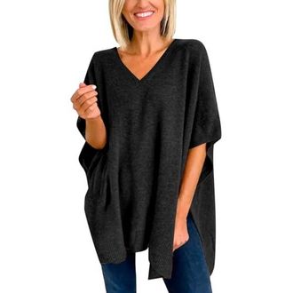Generic Pull de Couleur Unie pour Femmes, col en V, &agrave; Rayures, Mode Poncho Cape, col en V, Pull Ample Veste Femme Longue Noir Veste Femme Automne (Black, XL)