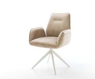 DELIFE Drehstuhl Clea-Flex Mikrofaser Taupe Vintage Kreuzgestell breit Wei&szlig; 360&deg; drehbar Wippfunktion, Esszimmerst&uuml;hle
