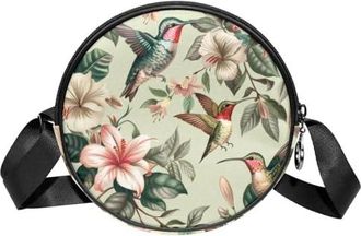 Generic Petit sac &agrave; bandouli&egrave;re rond pour femme, motif colibri floral avec fermeture &eacute;clair, bretelles r&eacute;glables, sac &agrave; main rond d&eacute;contract&eacute; pour femmes et f