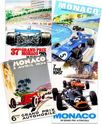 Artery8 Monaco Grand Prix Classic Racing Motor Sport Advert MIxed Home Decor Premium Wall Art Poster Pack of 4 Klassisch Rennen Werbung Zuhause Deko Wand