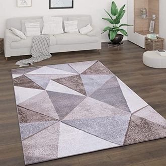 Paco Home Tapis De Salon Poils Ras Tapis Vintage Style Abstrait Moderne Motif Diamant G&eacute;om&eacute;trique, Dimension:160x220 cm, Couleur:Beige