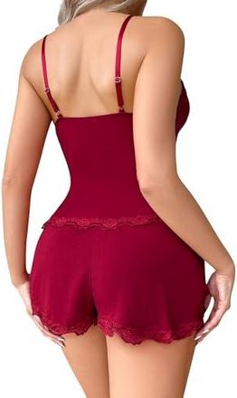 Generic Pyjama Couple Assorti Amoureux Pyjama Ete Femme Ensemble Sexy en Dentelle pour Femme Caraco Et Culotte Doux Et Lisse avec Bretelles Short Coton Sexy C