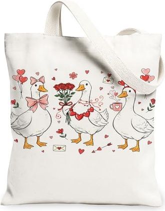 Generic Sac fourre-tout en toile de canard mignon, adorable motif coeur sauvagine, sacs d&eacute;picerie r&eacute;utilisables, printemps vintage, l&eacute;ger, lavable, blanc, 13x