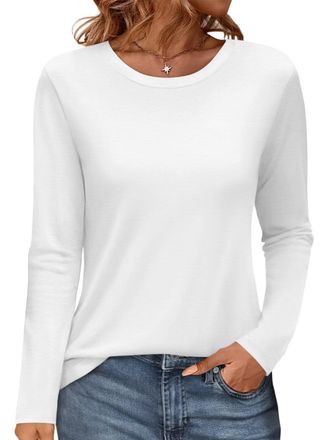 Onsoyours Damen Rundhals Tshirt Langarm Pullover Herbst Winter Oberteile Einfarbig Basic Longshirt Tops A Wei&szlig; XXL