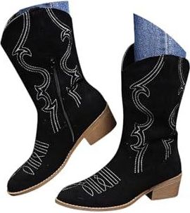 Generic Bottes de cowboy pour femme - Bottes de cowboy pour femme - Large largeur - Brodées - En daim - Avec fermeture éclair latérale - Style bohème rétro - 