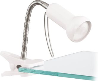 Eglo Klemmlampe Fabio, Klemmleuchte, Klemmspot aus Metall in Silber und Kunststoff in Wei&szlig;, Lampe mit Klemme und Schalter, Leselampe E14