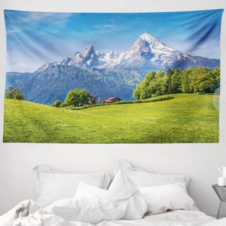 Abakuhaus Landschaft Wandteppich und Tagesdecke, Blühende Blumen Laub aus Weiches Mikrofaser Stoff Waschbar ohne Verblassen Digitaldruck, 230 x 140 cm,Grün Himm