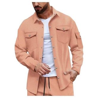 Generic Chemise &agrave; manches longues pour homme, chemise gaufr&eacute;e, coupe ample, boutonn&eacute;e, chemise de travail respirante, couleur unie, hauts d&eacute;contract&eacute;s, col &agrave; 