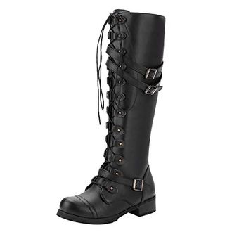 Generic Bottes mi-mollet à lacets pour femme - Bottes de motard à talon bas vintage gothique - Bottes de combat imperméables en cuir véritable antidérapantes 
