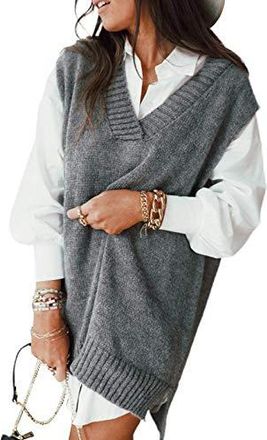 Minetom Pull sans Manche Col V Femme Gilet en Tricot Automne Hiver Débardeurs Chandail Oversize Bureau Pull-Over Tops Hauts B Gris 40