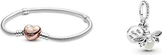 Pandora Moments Schlangen-Gliederarmband mit Herz-Verschluss, Silber/Rosé, 19 cm, 580719-19 & Charm Anhänger Silber Glow in the Dark- Glühwürmchen 799352C01
