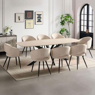 M&S Collection Ensemble table 240cm effet travertin + 8 chaises tissu bouclette &eacute;cru