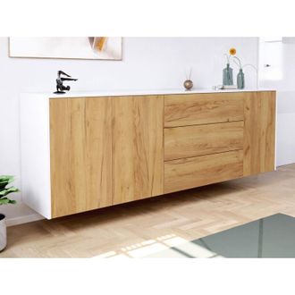 Magnolia Home Sideboard Silia B h&auml;ngend 200cm 3 T&uuml;ren 3 Pushausz&uuml;ge Wei&szlig; Hgl Eiche