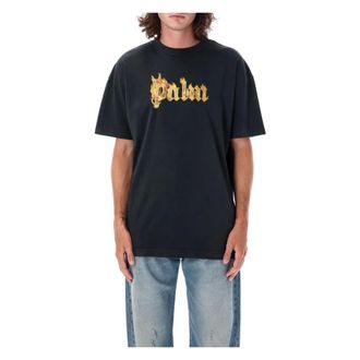 Palm Angels Homme, Tops, Noir, Taille: M T-shirt Noir Or avec Logo Br&ucirc;lant