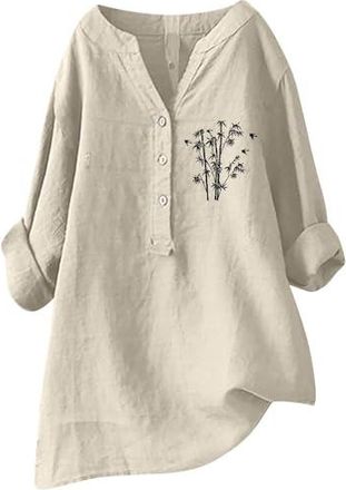 Generic Haut &agrave; manches mi-longues en lin pour femme, chemises d&eacute;t&eacute; surdimensionn&eacute;es pour printemps, automne, club graphique, robes d&eacute;contract&eacute;es &agrave; porter avec