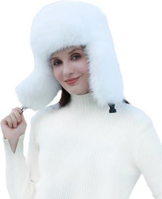 Lina & Lily Chapeau de Trappeur Chapka Femme Hiver Chaud Fausse Fourrure Poils Longs (Blanc)