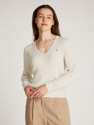 Tommy Hilfiger V-Ausschnitt-Pullover CO CABLE V-NK LS SWT mit Zopfmuster, Logostickerei