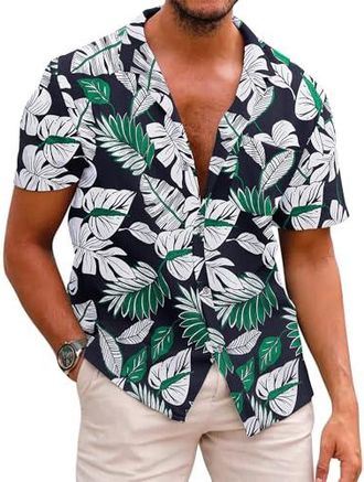Coofandy Chemises à Manches Courtes Hommes Funky Hawaïenne Chemises Tropicales Plage Tops Holiday Summer Casual Button Down Vacances Shirt B-Bleu Marine XXL