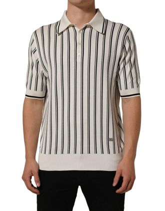 Dolce & Gabbana Mens White Black Stripe Collared Polo T-Shirt And Silk