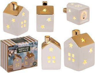 Out of the Blue Dolomite-Weihnachtshaus mit LED, 10 x 6 cm, inkl. 3 x LR44 Knopfzellen, 2er Set, in Geschenkverpackung, Wei&szlig;