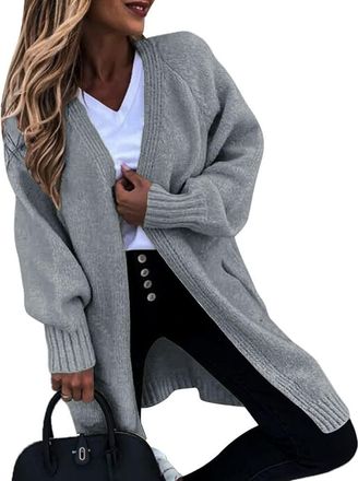 Onsoyours Cardigan Damen Lang Strickjacke Casual Locker Einfarbig Strickmantel Strickpullover Herbst Winter Outwear Jacke mit Taschen und Langarm A Grau XL