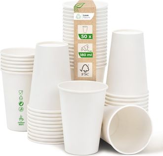 Love Nature Pappbecher Wei&szlig; 180 ml 7 oz - Kaffeebecher 50 St&uuml;ck - Coffee to go Becher - Einwegbecher zum Servieren von Kaffee, Tee, hei&szlig;en und kalten Getr&auml;nken