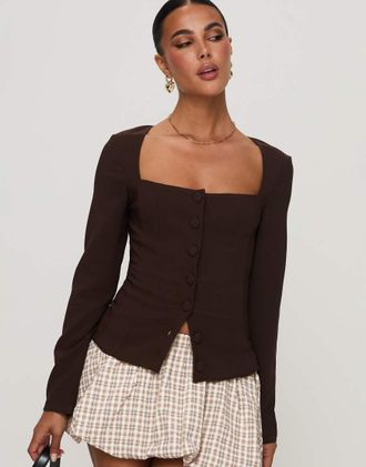 Princess Polly Gaskin Oberteil mit eckigem Ausschnitt, durchgehender Knopfleiste und Tailoring in Schokobraun