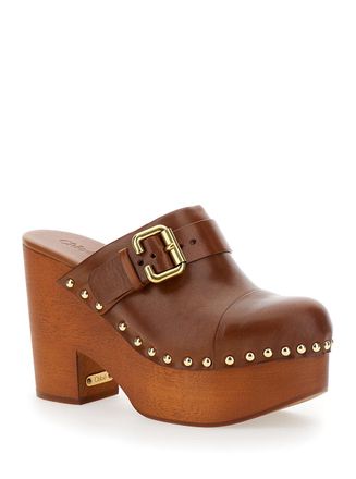 Chlo&eacute; Womens Wedge Clogs Jeanette Brown Leather Calfskin Shoe