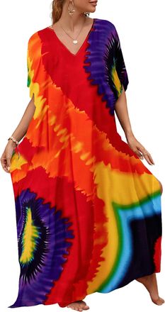 Bsubseach Lose Kaftan Kleider f&uuml;r Frauen Kurzarm Badeanzug Cover Up Casual Urlaub Outfits Bunt Regenbogen