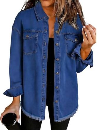 Generic Veste d&eacute;contract&eacute;e en jean &agrave; manches longues pour femme avec ourlet effiloch&eacute;, noir fonc&eacute;, XXL