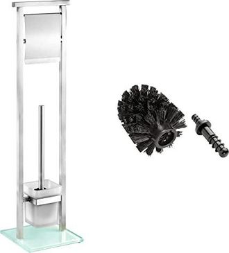 WENKO Stand WC-Garnitur Debar Edelstahl 18 x 73 x 18 cm, Satiniert & Ersatzb&uuml;rste WC-Garnitur Schwarz &Oslash; 7,5 cm - Ersatz-Toilettenb&uuml;rste mit Adapter, Kunstst