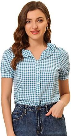 Allegra K Chemise à carreaux vichy pour femme, haut à carreaux pour femme, col volant, manches courtes, bleu, 36