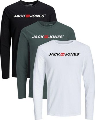 Jack & Jones Langarmshirt Regular-Fit mit stilvollem Printdruck (Spar-Set, 3er-Pack) in Unifarbe aus Baumwolle, mit lizenziertem Originaldesign Print