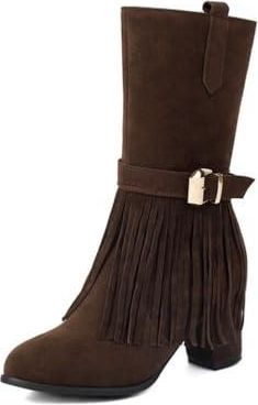 Generic Bottes Mi-Mollet Chic Franges Femme Décor Boucle Talons Carrés Simili Daim Stylées Casual Fêtes Quotidiennes,Marron,41 EU