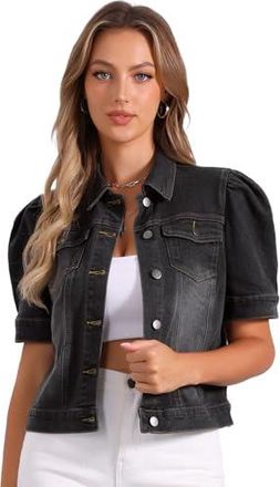 Allegra K Veste en Jean Femme Boutonnage Blouson en Denim D&eacute;contract&eacute;e Manches Courtes Bouffantes avec Poches &agrave; Rebats Noir XL