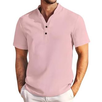 Generic Chemise en coton et lin pour homme - Chemisier dentra&icirc;nement pour homme - Chemise d&eacute;t&eacute; d&eacute;contract&eacute;e - Chemise de plage boutonn&eacute;e - Manches courtes - C