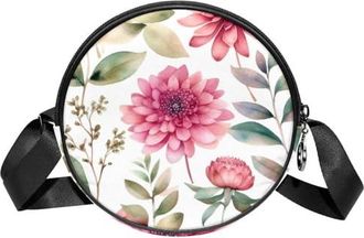 Generic Petit sac &agrave; bandouli&egrave;re circulaire pour femme, motif feuilles florales, sac &agrave; dos avec fermeture &eacute;clair, bretelles r&eacute;glables, sac &agrave; main rond d&eacute;contra