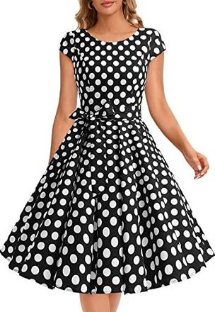 Dressystar DS1956 Robe à Audrey Hepburn Classique Vintage 50s 60s Style à Mancheron Black White Dot B XXL