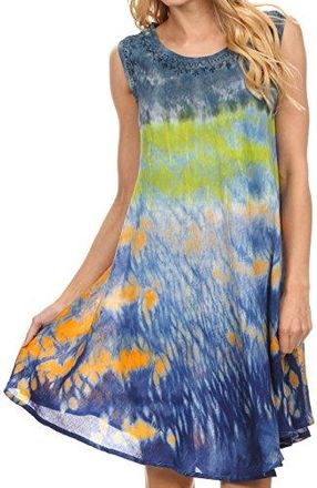 Sakkas 15803 - Nora - Robe Courte sans Manches avec Broderie et Cordon de Serrage - PowderBlue - OS