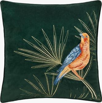 Riva Paoletti Odisha Kissen mit exotischem Vogel, Bestickt, mit Federn gefüllt - Smaragd - 45 x 45 cm