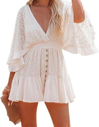 Generic Robe barboteuse dos nu à manches chauve-souris pour femme, mini robes en dentelle au crochet à volants, jupe en dentelle et col en V, blanc, XXL