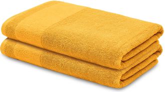 Looks by Wolfgang Joop 2X Duschtuch 70x140 cm - 100% Baumwolle Doppelpack Luxus Duschtücher mit Aufhänger & Logostick, 2er Set große Handtücher gelb