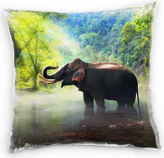 Paul Sinus Art Tiere, Elefant, im Bach, Sonnenschein, grün, grau Deko Kissen 40x40cm für Couch Sofa Lounge Zierkissen - Dekoration zum Wohlfühlen